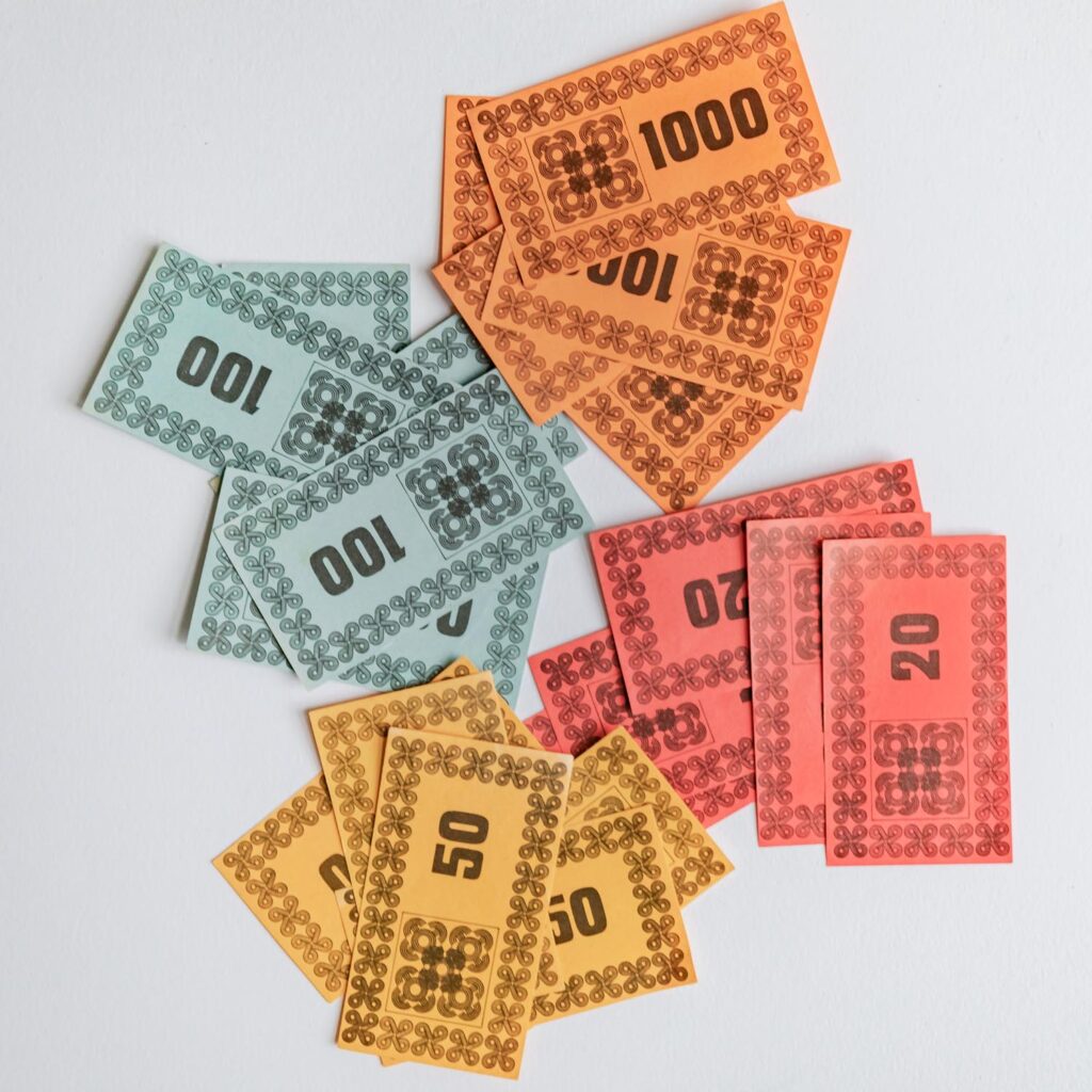 Colourful vintage play money